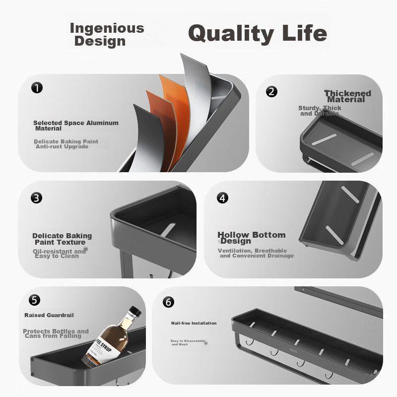 Ecoco Bathroom Storage Rack, Wall Hooks for Shower Room, Heavy-Duty Load-Bearing Wall-Mounted Detachable Towel Bar, E2337 Gray 40cm