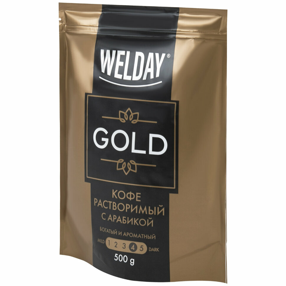 Кофе растворимый WELDAY (вэлдэй) "GOLD" 500 г, бразилия, арабика, сублимированный, в упаковке Zip-Lock, 622673, 622673