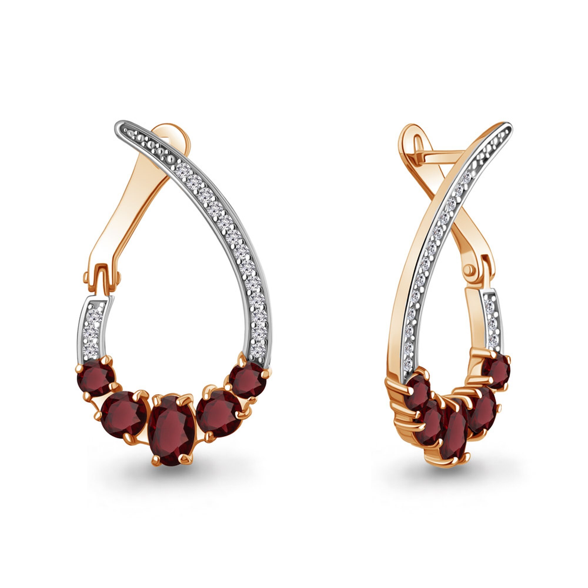 Серьги, серебро, 925 проба, золочение, гранат, фианит