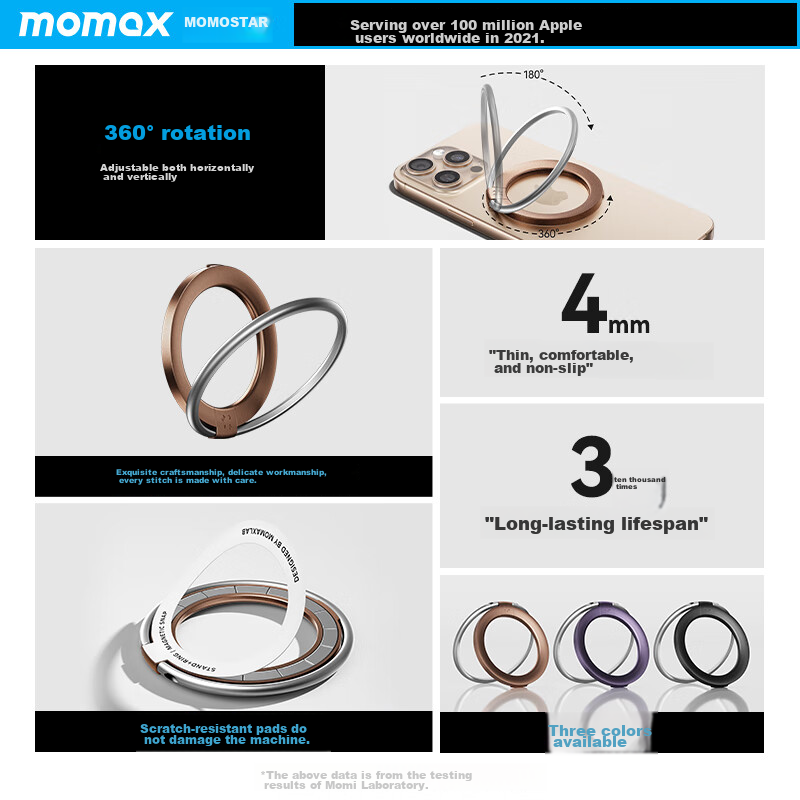 MOMAX Phone Ring Holder Stand, Desktop Live Streaming Ultra-Thin Ring Support, Metal Magnetic Backrest, Bedside Lazy Phone Holder, Compatible with Apple, Huawei, Xiaomi, Universal, Black