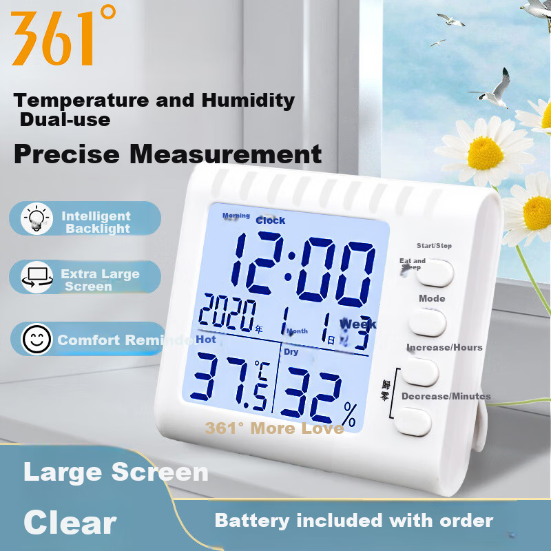 361° Indoor Thermometer Hygrometer High Accuracy Baby Room Home Timer Large Screen Display Backlight