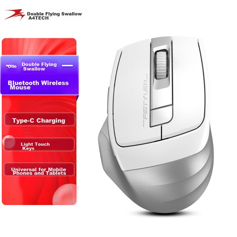 A4TECH FB35CS Flying Era Wireless Bluetooth Mouse, Quiet Rechargeable Model for IPad, Apple Mac, Laptop, Office Use, Silver Gray White