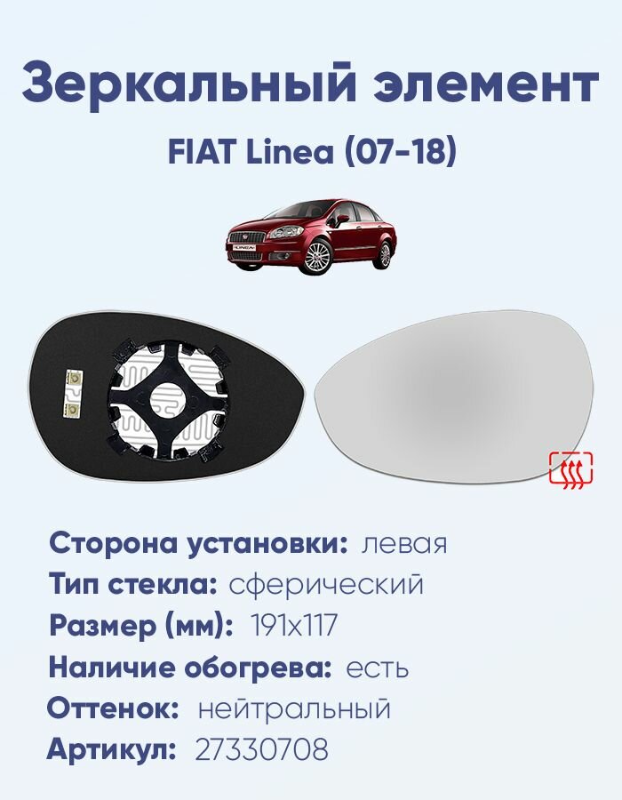 Зеркальный элемент левый FIAT Linea (07-18) сфера нейтральный с обогревом