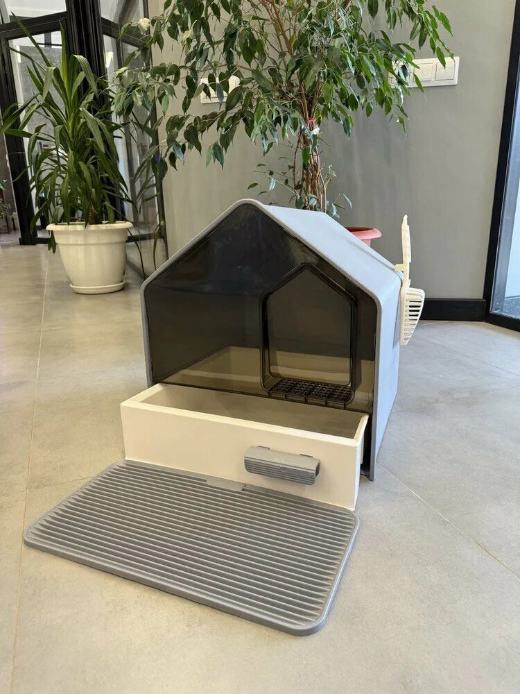 Закрытый лоток (туалет) для кошек "Чистый котик", 41.5х45.5х45 см, выдвижной поддон, коврик, совок, порог-грязесборник, серый TJ