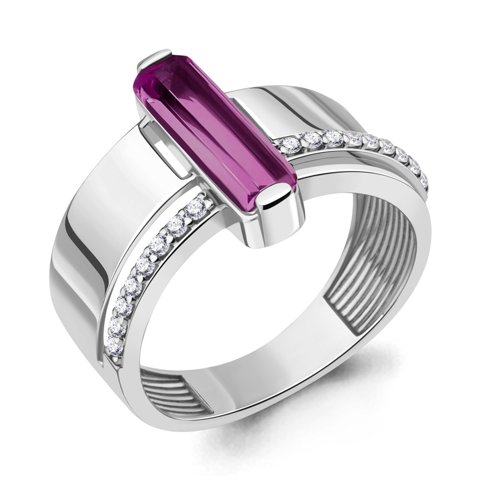 Кольцо широкое, серебро, 925 проба, родирование, фианит, аметист