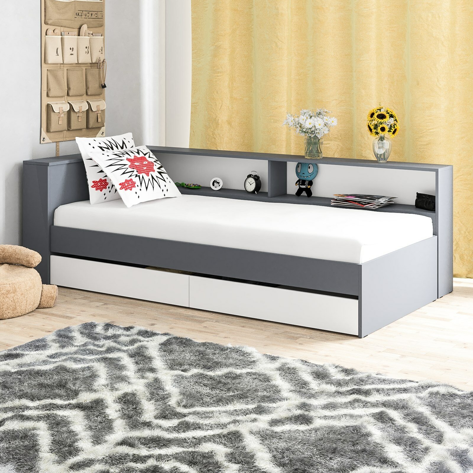 Кровать СВК Ксения 900 с ящиками и прикроватным блоком, цвет графит/белый, ШхГхВ 118х221,6х72 см.