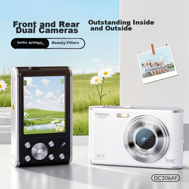 SONGDIAN Digital Camera with Dual Front And Rear 6400W High-Pixel Student Camera, Vlog Campus Portable Mini Point-And-Share Camera, Can Transfer to Phone, Starry Black, 64GB Memory