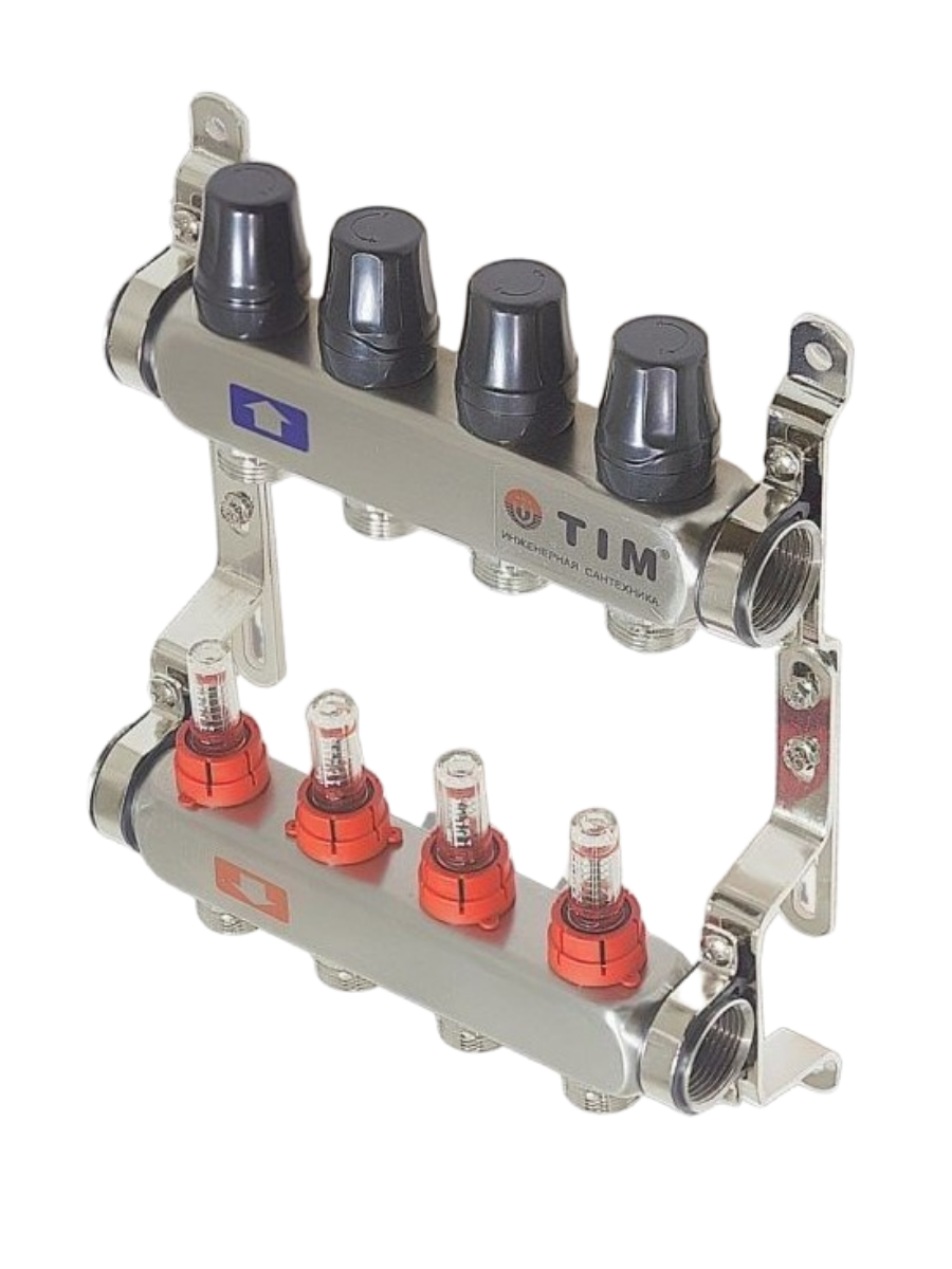 Коллекторная группа с расходомерами 1", 4 отвода 3/4 Евроконус, нерж, без кранов и наконечников
