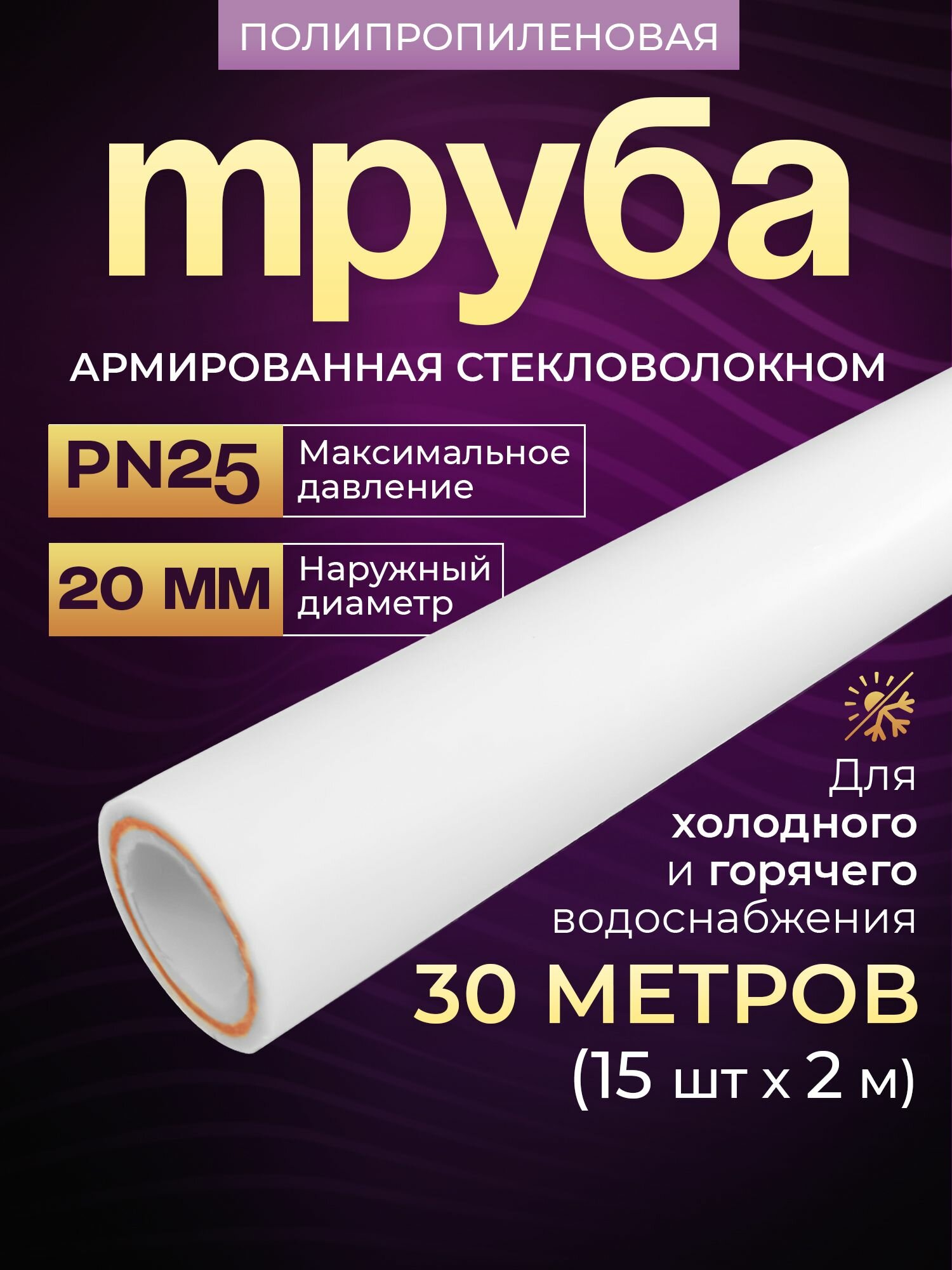 Труба полипропиленовая 20х3,4 (PN 25) армированная стекловолокном /30 метров (15 шт по 2м) / РВК PROFI