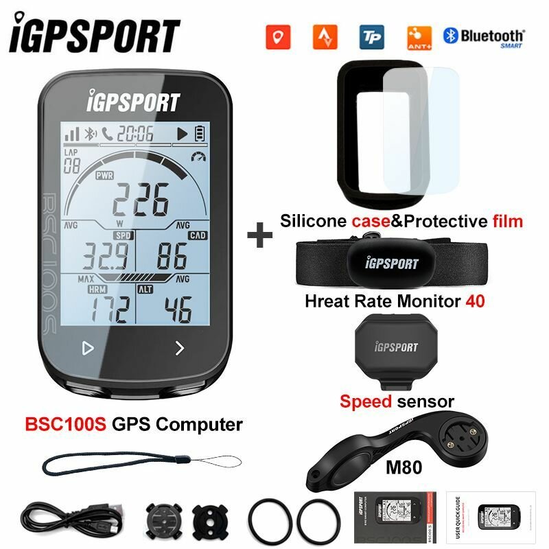 IGPSPORT BSC100S, беспроводной велокомпьютер GPS, водонепроницаемый IPX7, включая защитный чехол+M80+SPD70+HR40