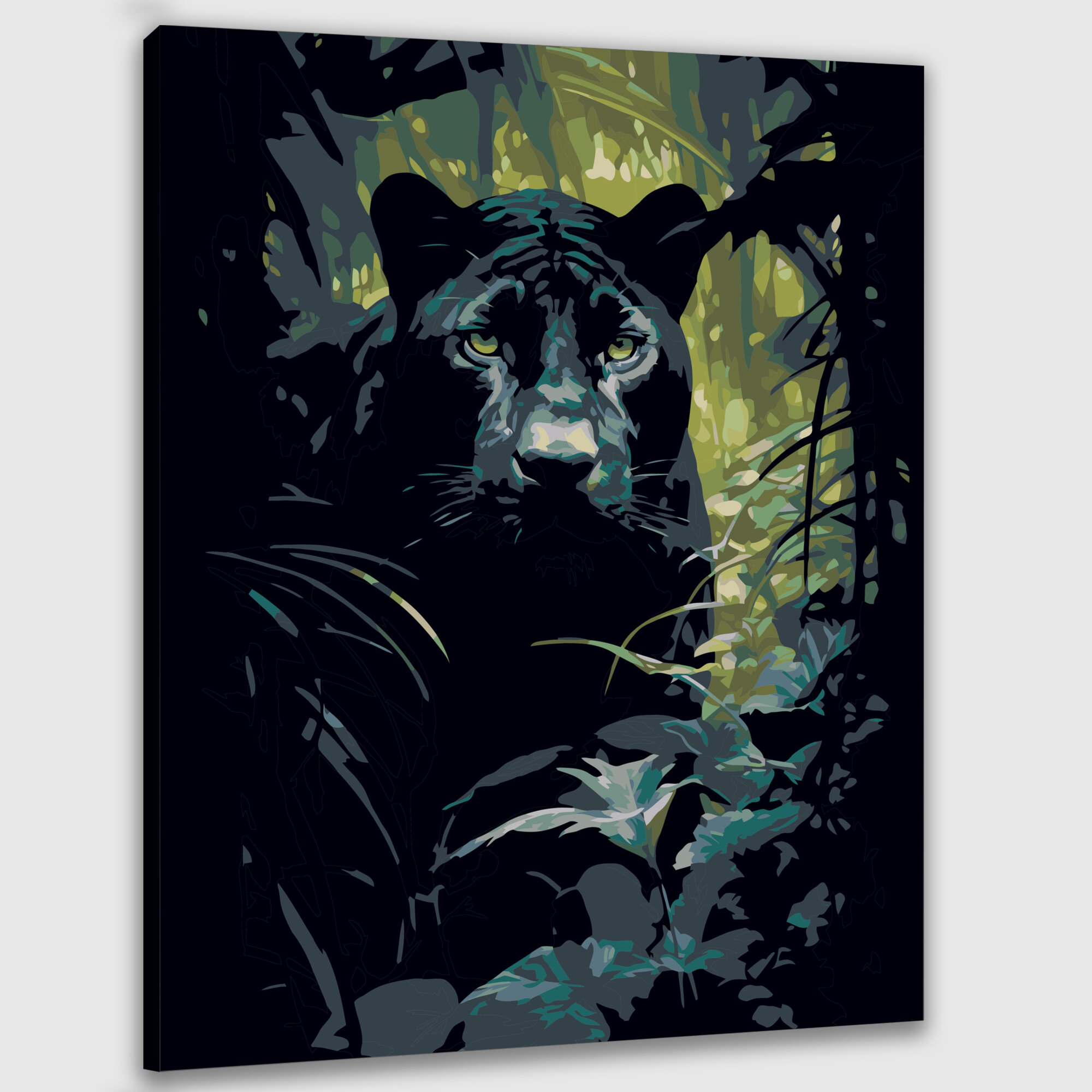 Картина по номерам 40x50 см, картина маслом, черная пантера, джунгли, лунный свет, зеленые глаза, мех пантеры