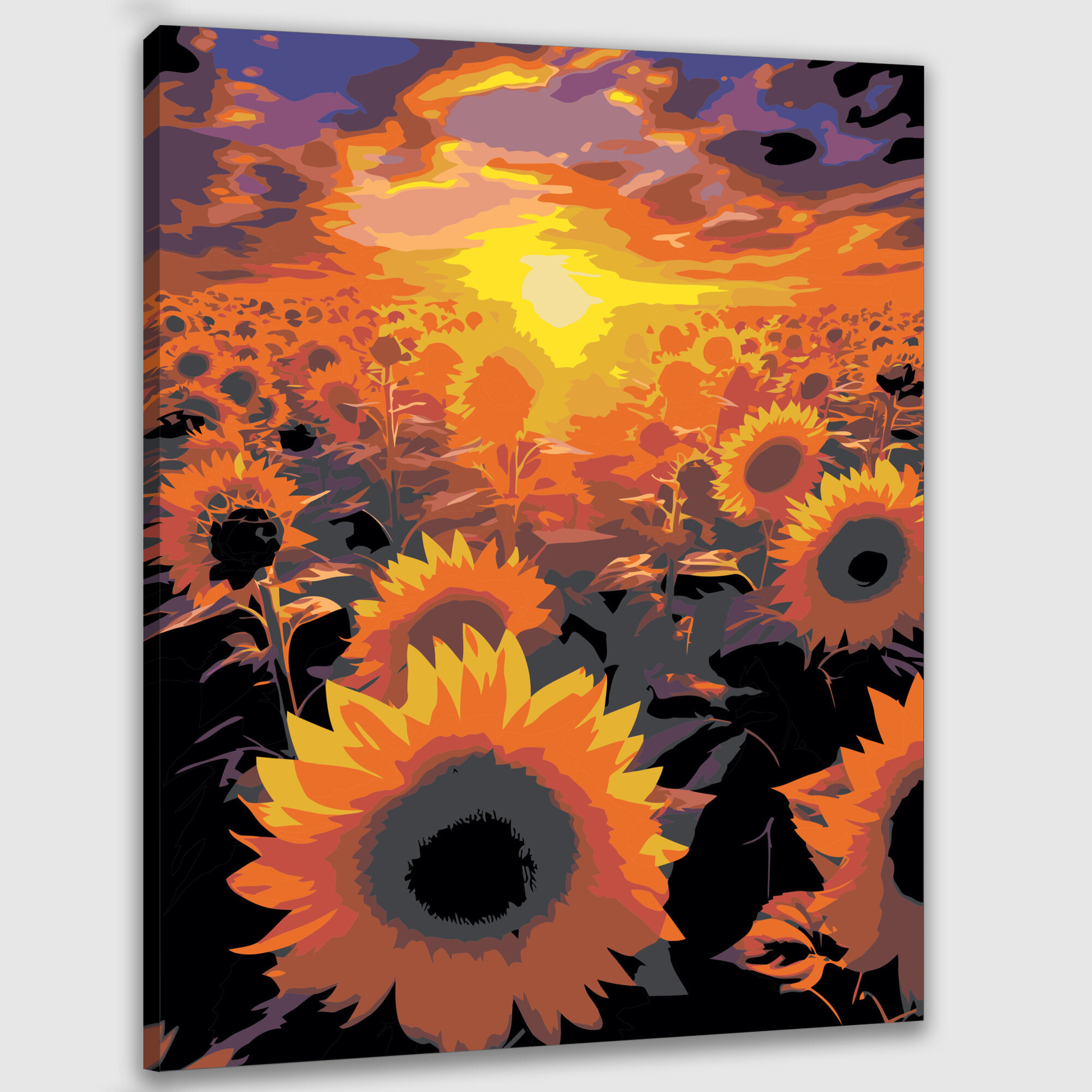 Картина по номерам 40x50 см, поле, подсолнухи, закат, золотые лепестки, теплый свет, волшебный свет, сказочная сцена