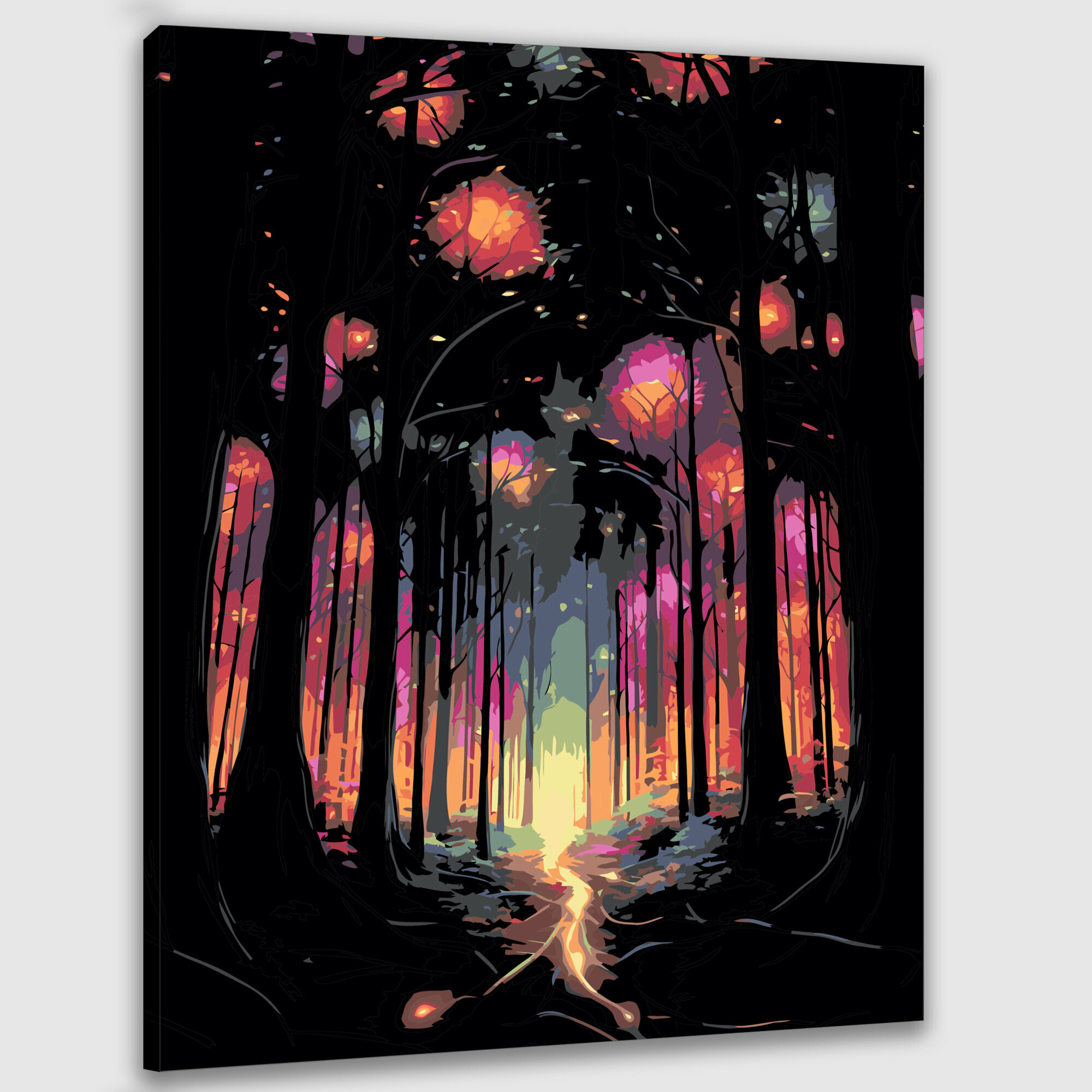 Картина по номерам 40x50 см, лес, цифровое изображение, неоновые цвета, ночь, светящиеся столбы света