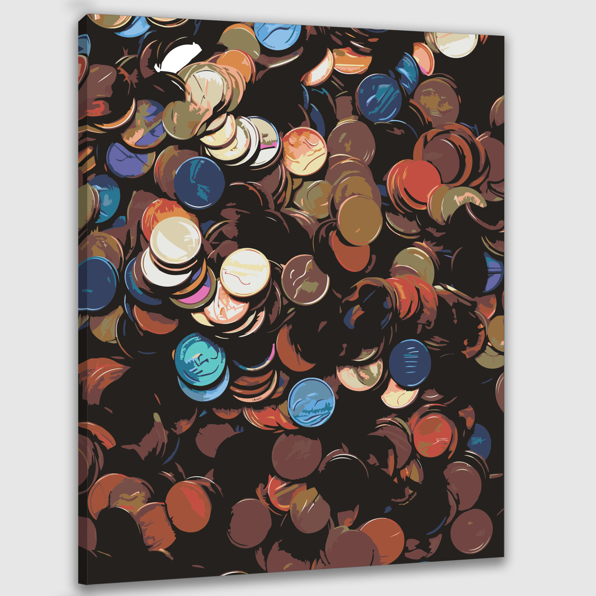 Картина по номерам 40x50 см, монеты, высокое разрешение, крупный план, яркие цвета, раскрашенные монеты