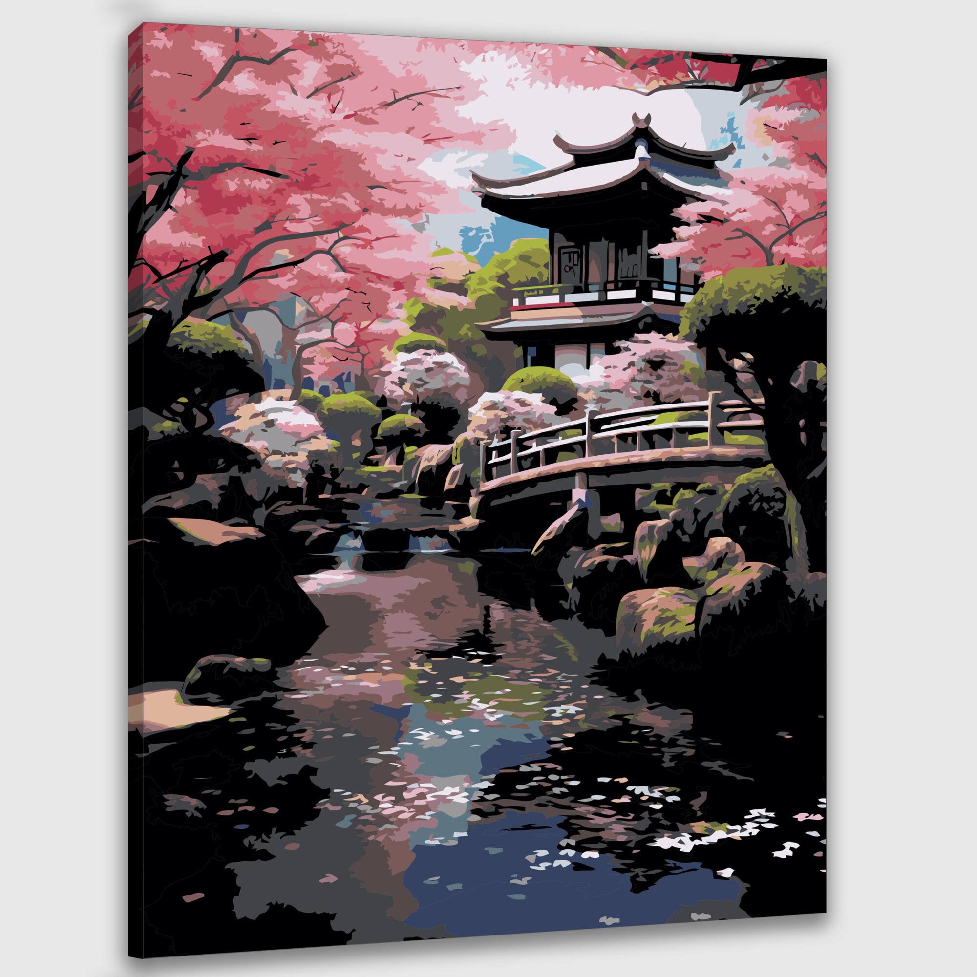 Картина по номерам 40x50 см, фотография, японский сад, пруд, кои, деревья сакуры, лепестки, вода, природа