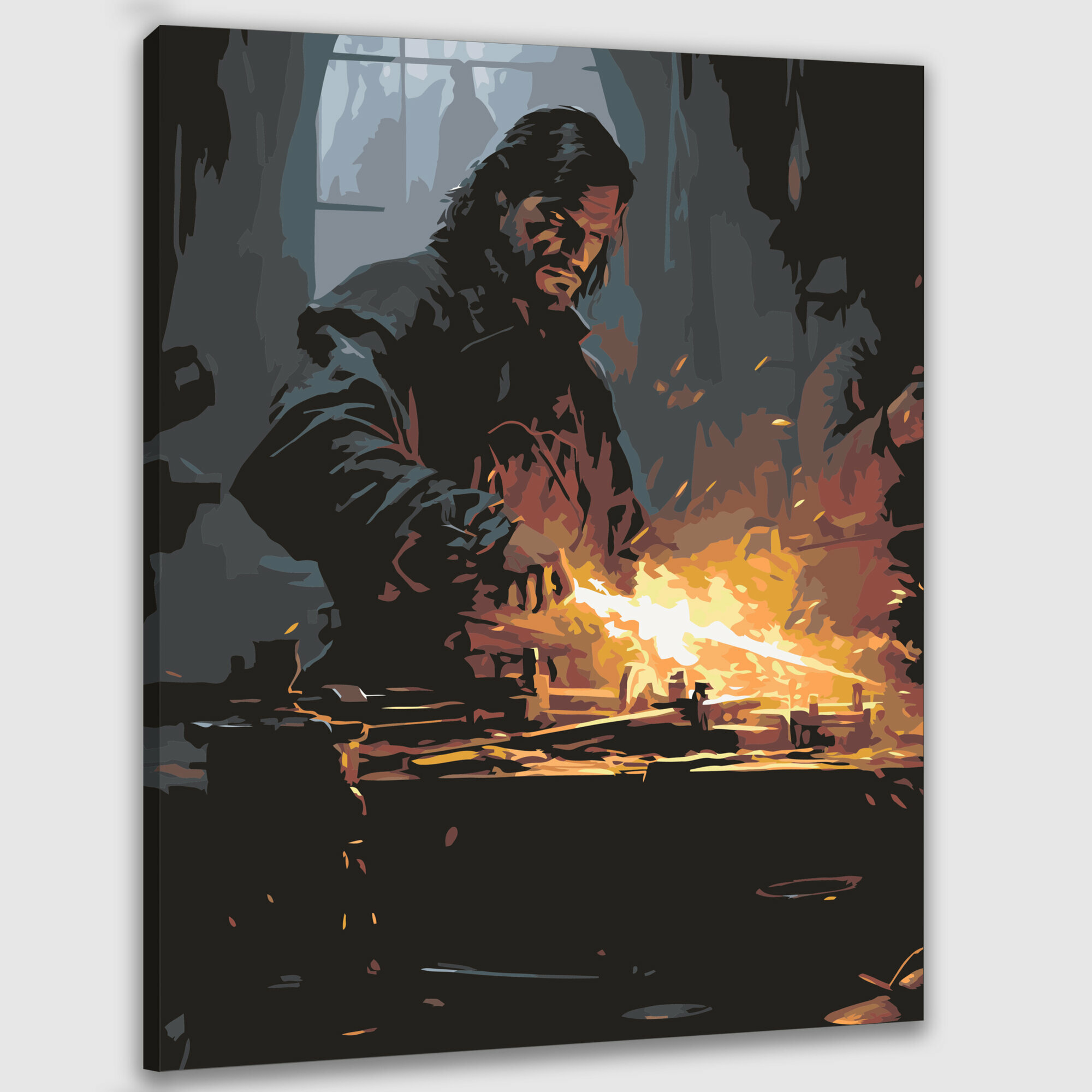 Картина по номерам 40x50 см, мастер, фехтовальщик, мастерская, меч, точность, кузница, жар, искры, мастерство