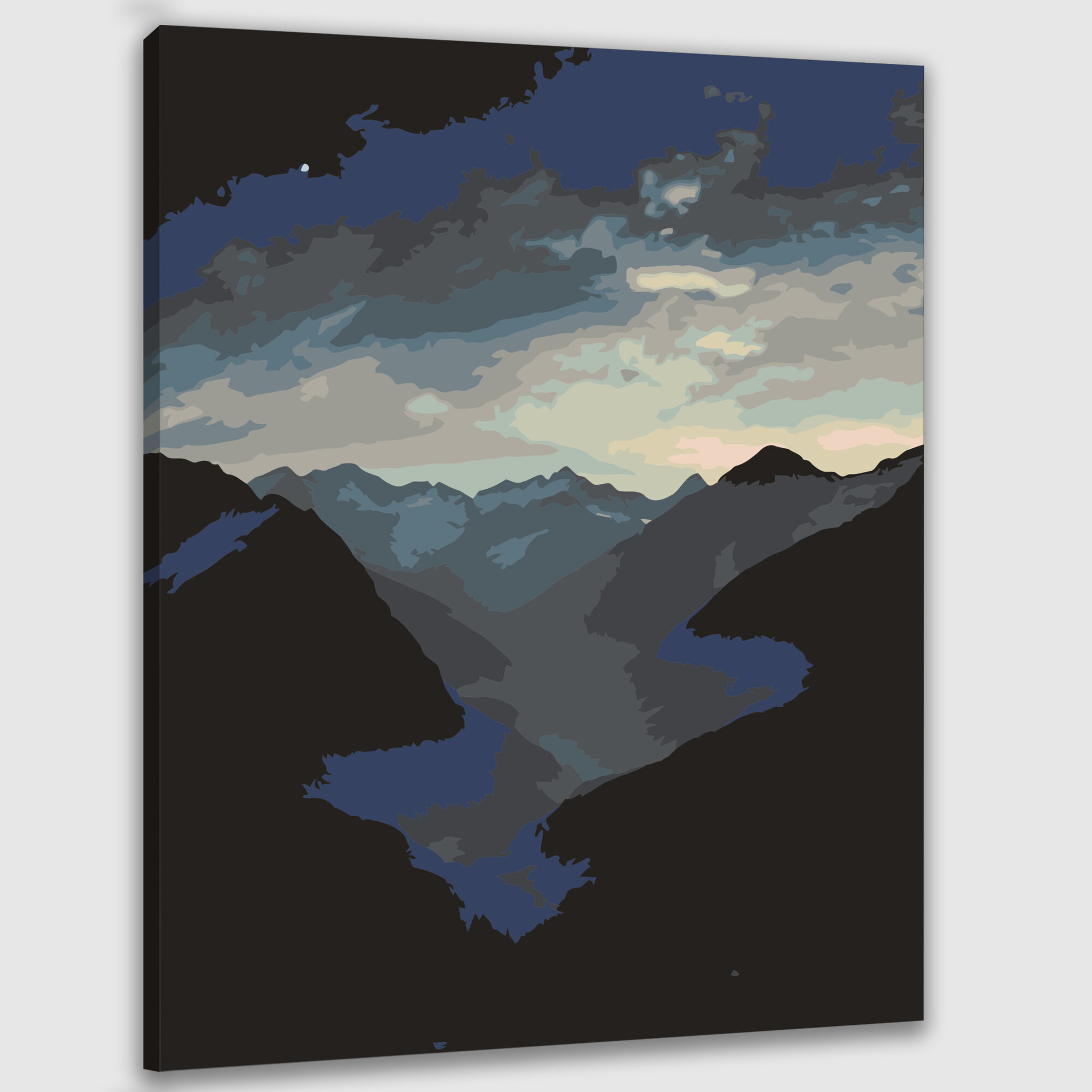 Картина по номерам 40x50 см, фотография, скалистые горы, силуэты, темнеющее небо, серп луны, мерцающие звезды