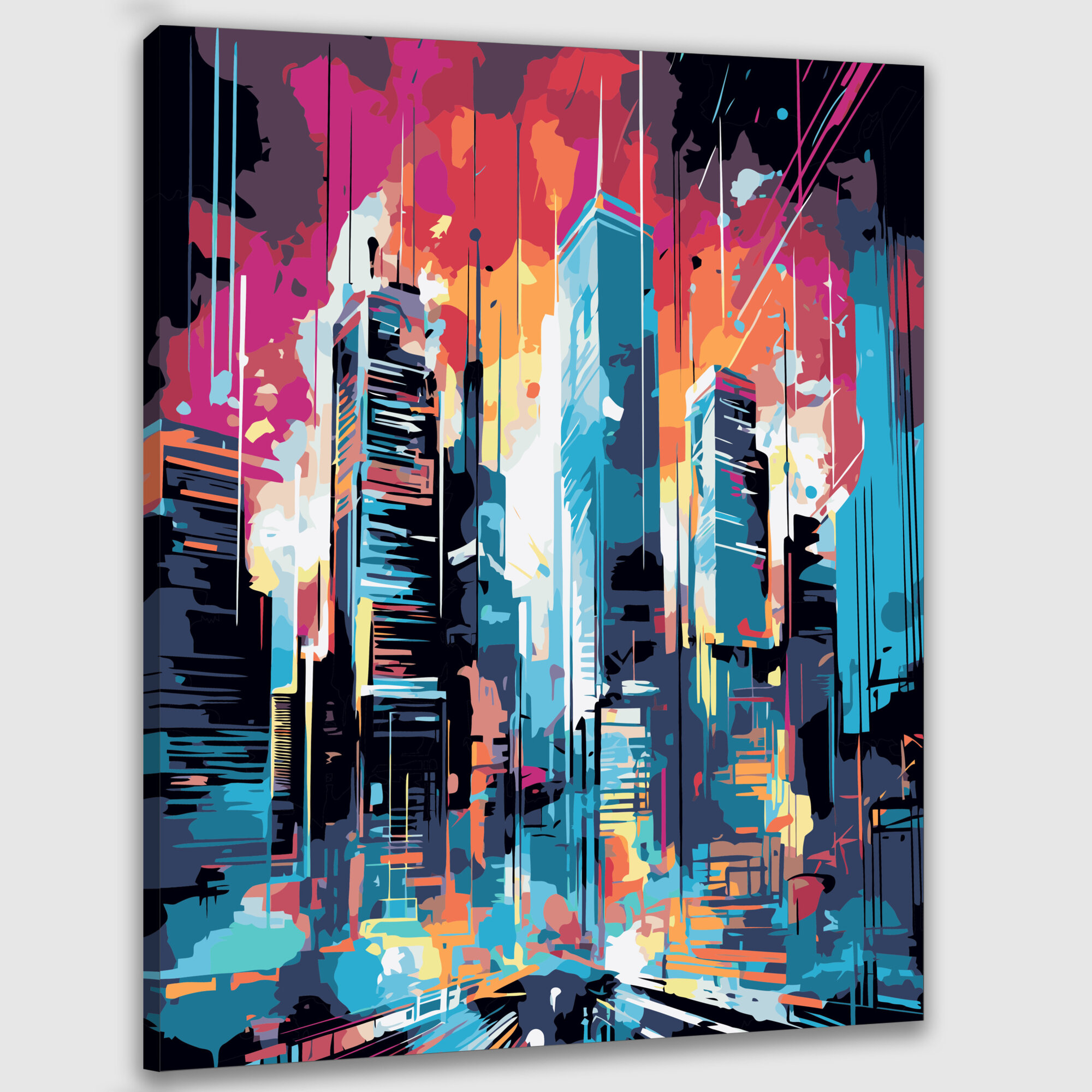 Картина по номерам 40x50 см, футуристический городской, небоскребы, металлические здания, неоновые цвета, динамизм