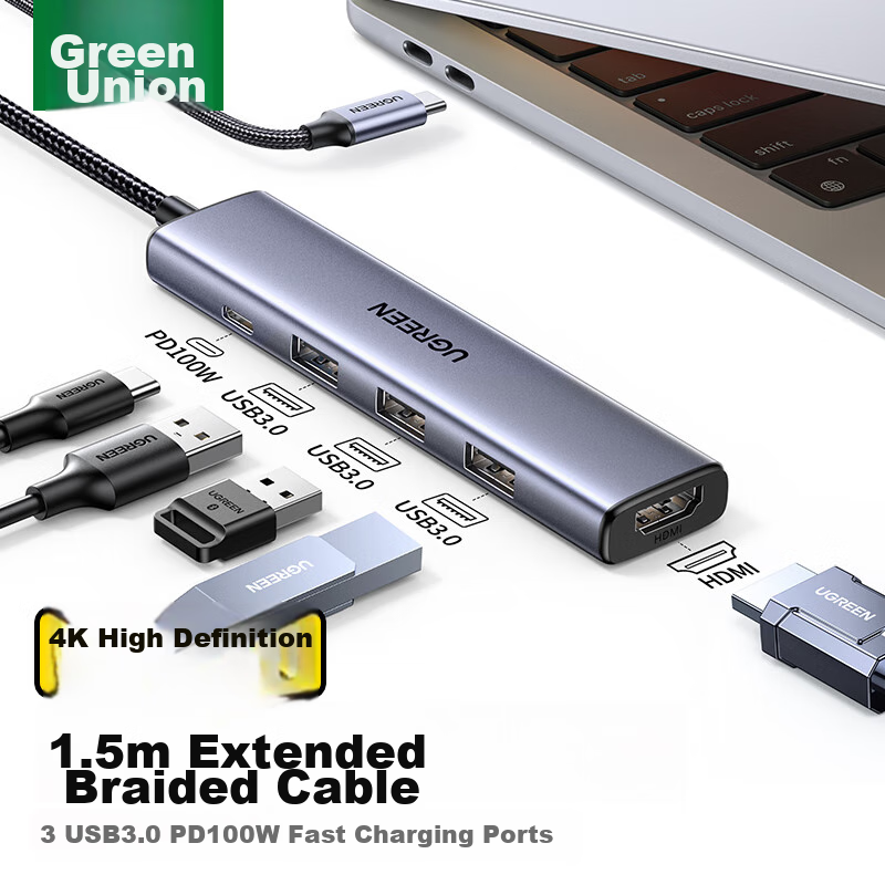 Lulian Type-C Expansion Dock to HDMI Hub, USB HUB 3.0 Thunderbolt C Port Adapter, 1.5-Meter Extension Cable, Charging Version, Compatible with Apple Computers, Desktop Converter