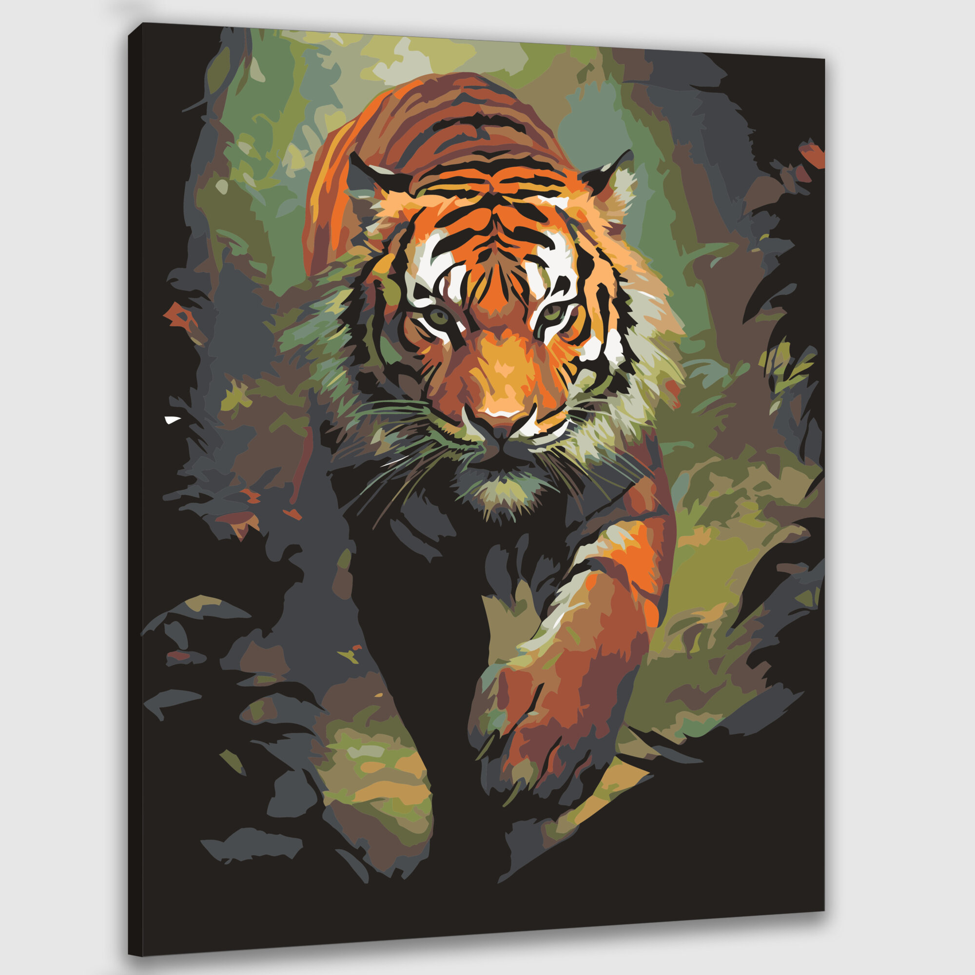 Картина по номерам 40x50 см, тигр, лес, зеленый фон, полосы, контраст, сила, грация, листва, глаза, текстура меха