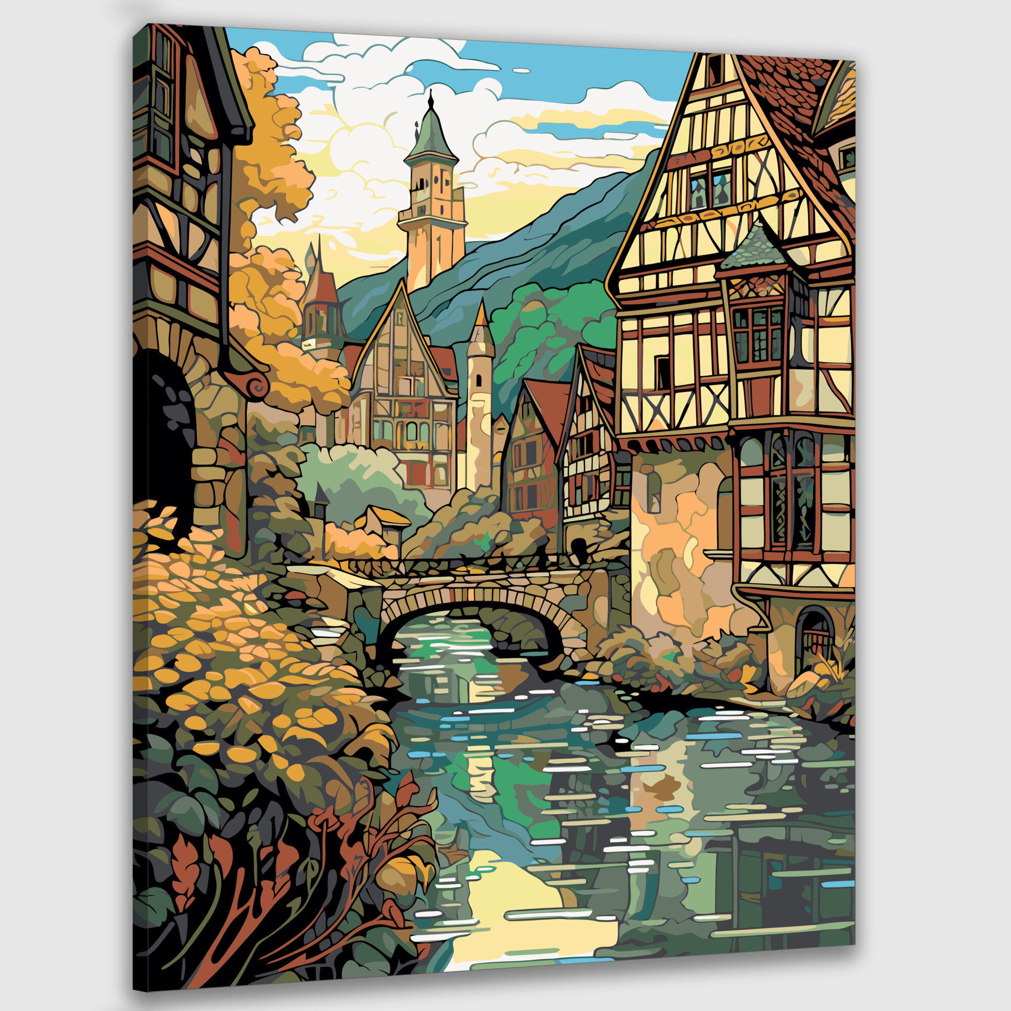 Картина по номерам 40x50 см, цифровая иллюстрация, ар-нуво, стилизованные здания, ковка из железа, витражи, холмы, река