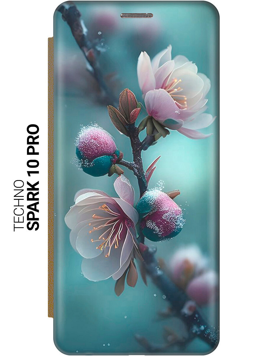 Чехол-книжка на Tecno Spark 10 Pro / Техно Спарк 10 Про с рисунком "Распускающиеся бутоны" золотой