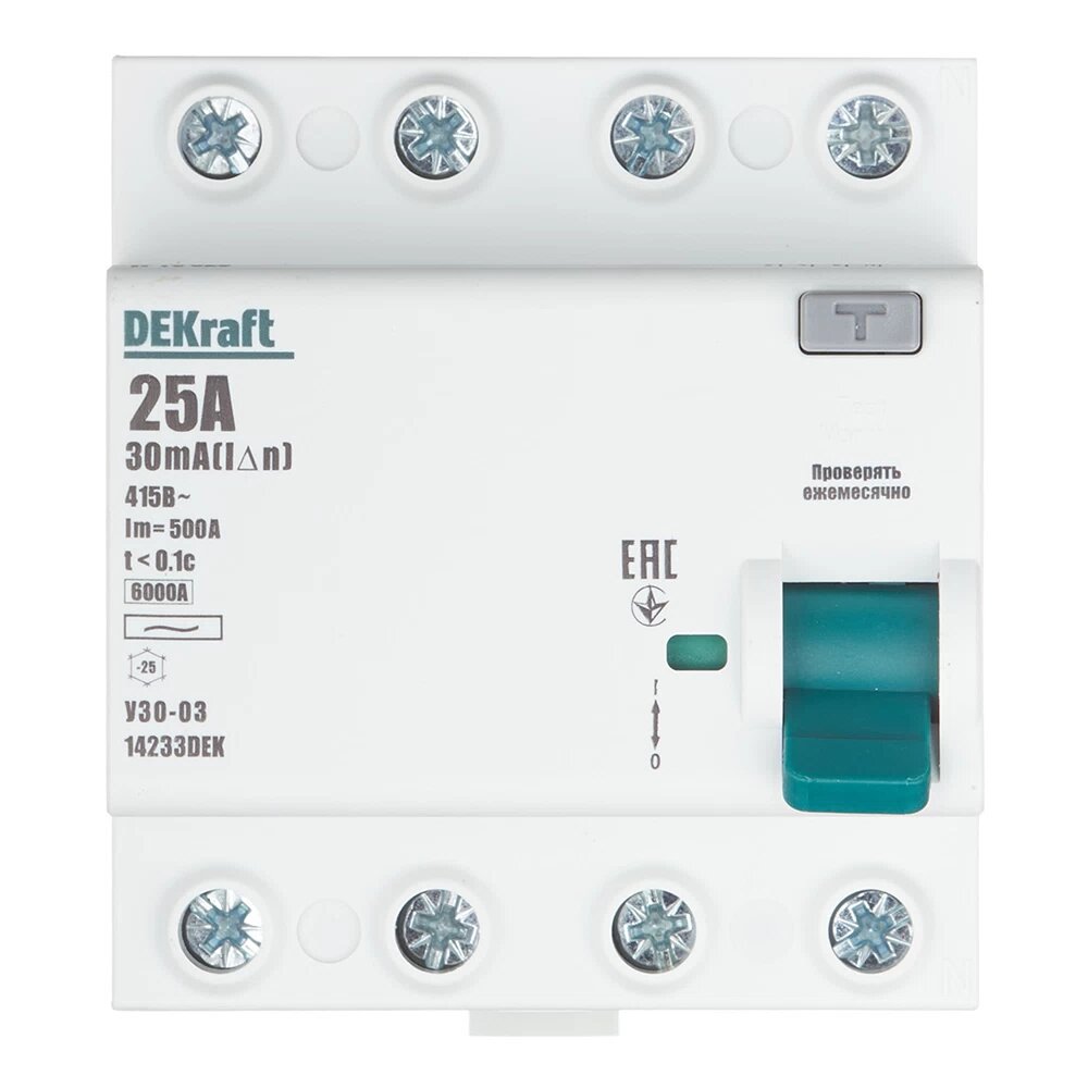 УЗО Dekraft УЗО-03 25А 3P+N тип AC 30 мА 6 кА компактное (14233DEK) Dekraft 14233DEK