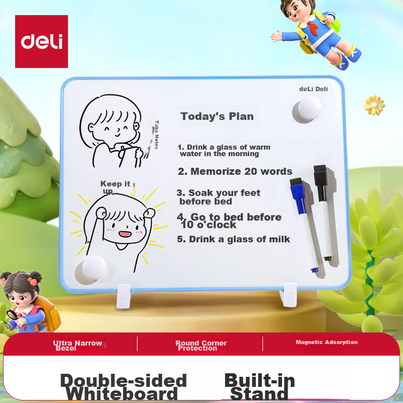 Deli 30*22cm Blue Double-Sided Small Whiteboard, Magnetic Whiteboard Writing Board Small Blackboard Whiteboard Stand, Home Office Handwriting Board Children's Drawing Board Reminder Board