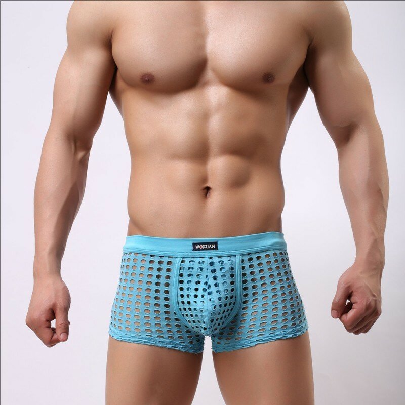Дышащие сексуальные сетчатые трусы-боксеры с низкой талией, мужские сексуальные трусы-боксеры, Небесно-голубой