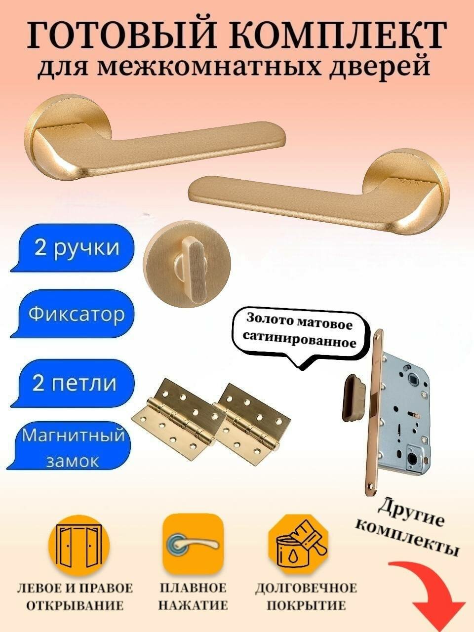 Ручка дверная межкомнатная RENZ INDH_319-06_SSG_MAGWC, золото матовое сатинированное (ручка + фиксатор + магнитный замок wc + 2 универсальные петли)
