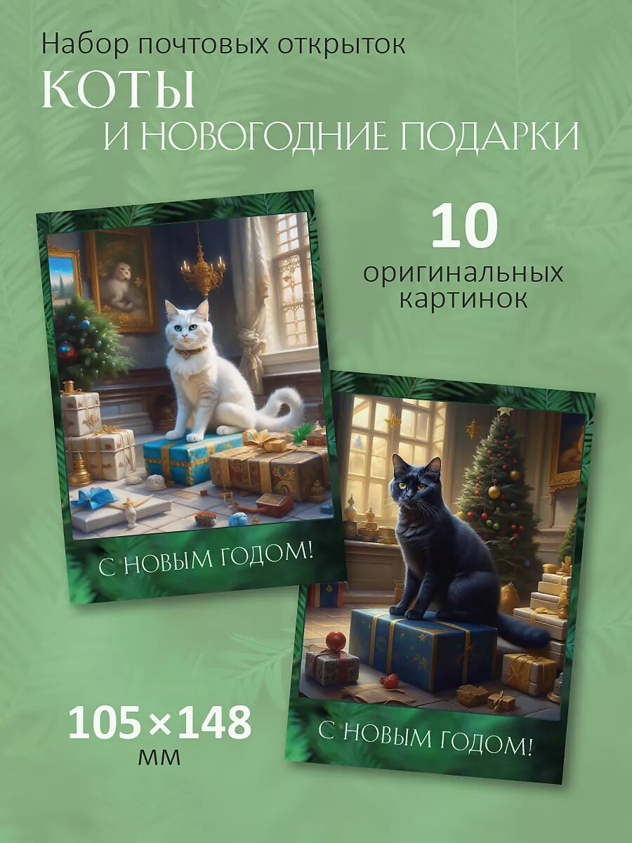 Почтовые открытки "Коты и Новогодние сюрпризы" для посткроссинга, 10 шт.