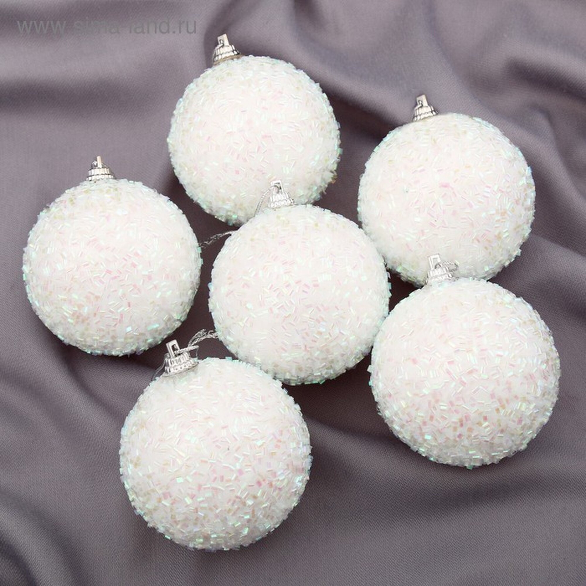 Ёлочные игрушки, шары новогодние , пластик, набор d-6,5 см, 6 шт "Пушинка - бисер" белый