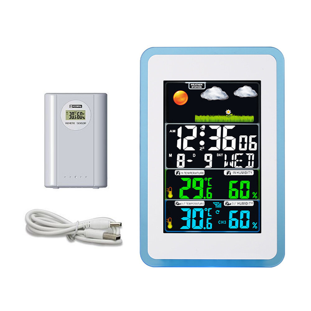 Многофункциональная беспроводная метеостанция для дома/офиса, цветные цифровые часы с дисплеем, датчик температуры 433 МГц для наружного и внутреннего измерения температуры, гигрометр, таблица прогноза погоды.
