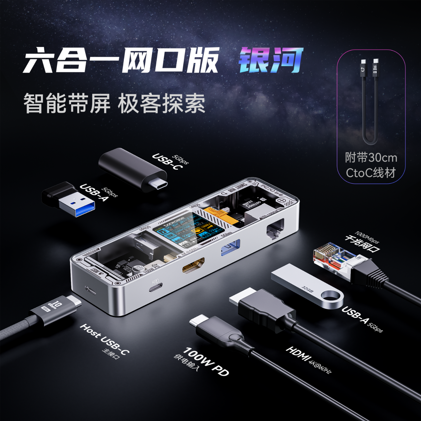 DOCKCASE 6-портовая гигабитная Ethernet-док-станция для ПК с USB-C 4K 60 Гц HDMI-зеркалированием Цвет：Аура Силвер