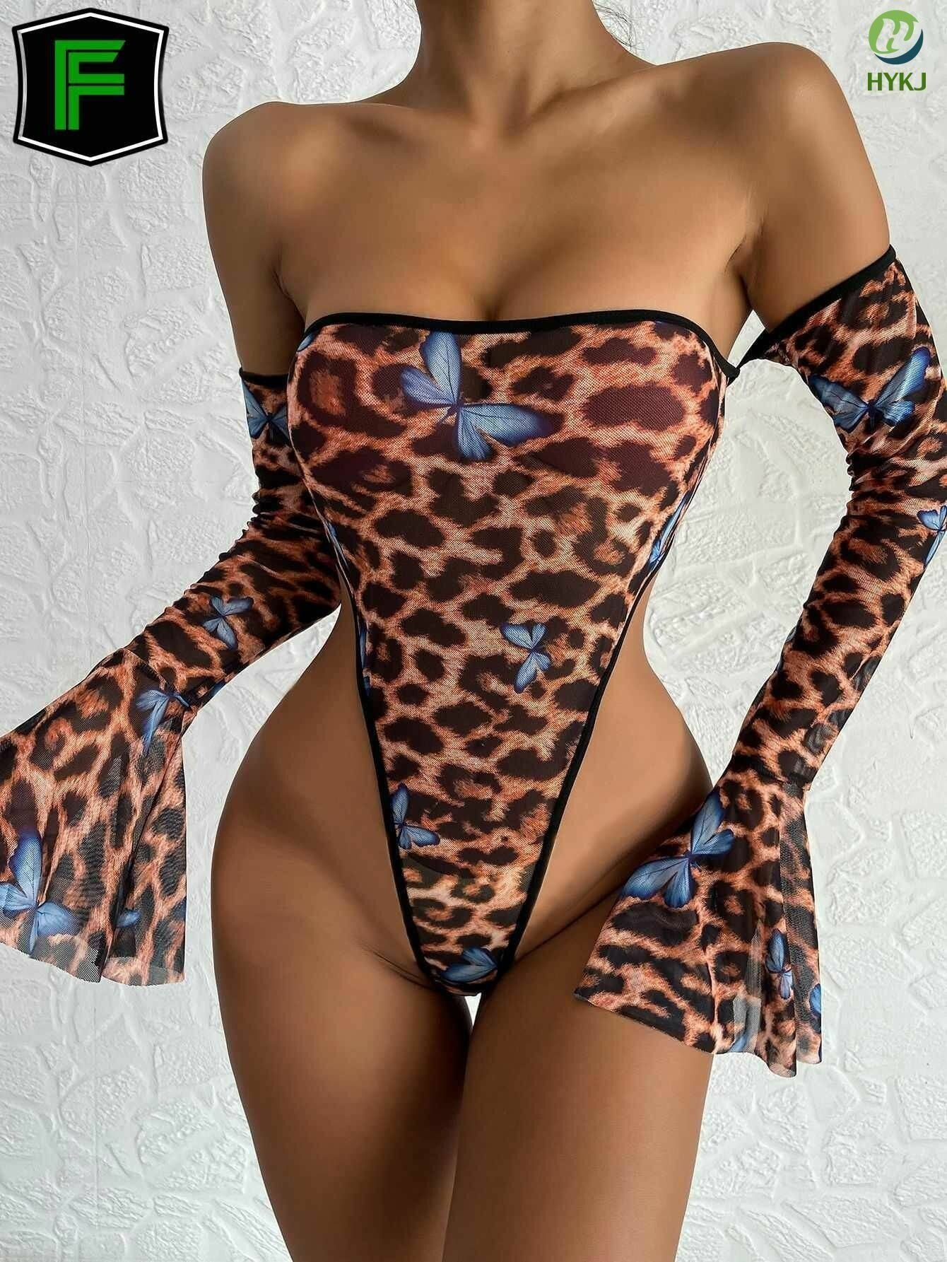 Женские эротическое боди с леопардовым принтом, открытыми плечами и длинными рукавами, новинка 2024 года