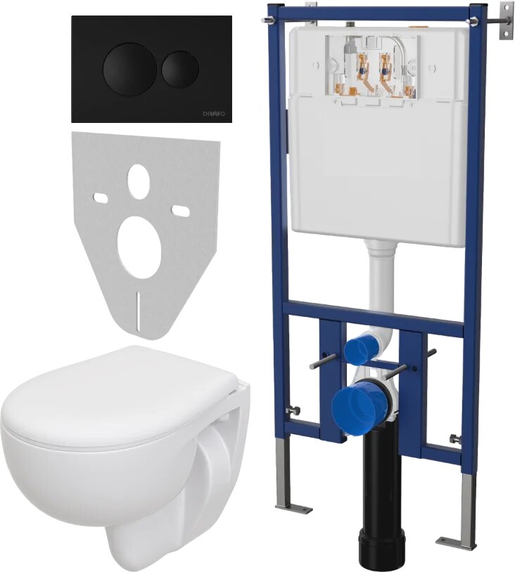 Комплект DIWO 6 в 1: инсталляция, унитаз подвесной Seramiksan Natura безободковый, кнопка смыва 7313 черная матовая, шумоизоляция, крепления (инсталляция с унитазом комплект)