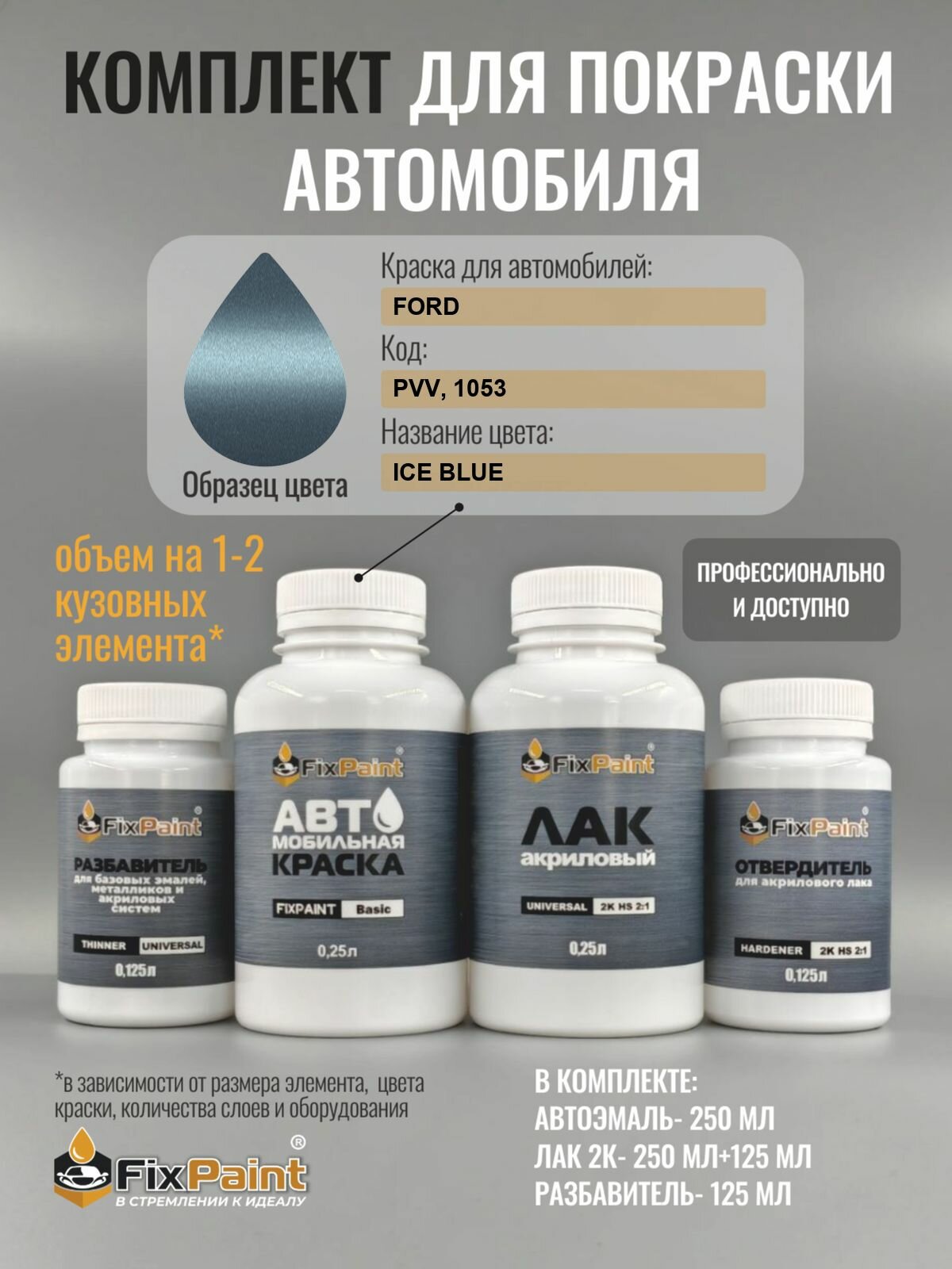 Комплект для покраски FORD, код PVV, 1053, ICE BLUE, базовая автомобильная эмаль 250 мл, лак 2K 250 мл с отвердителем, разбавитель 125 мл, FixPaint Pro