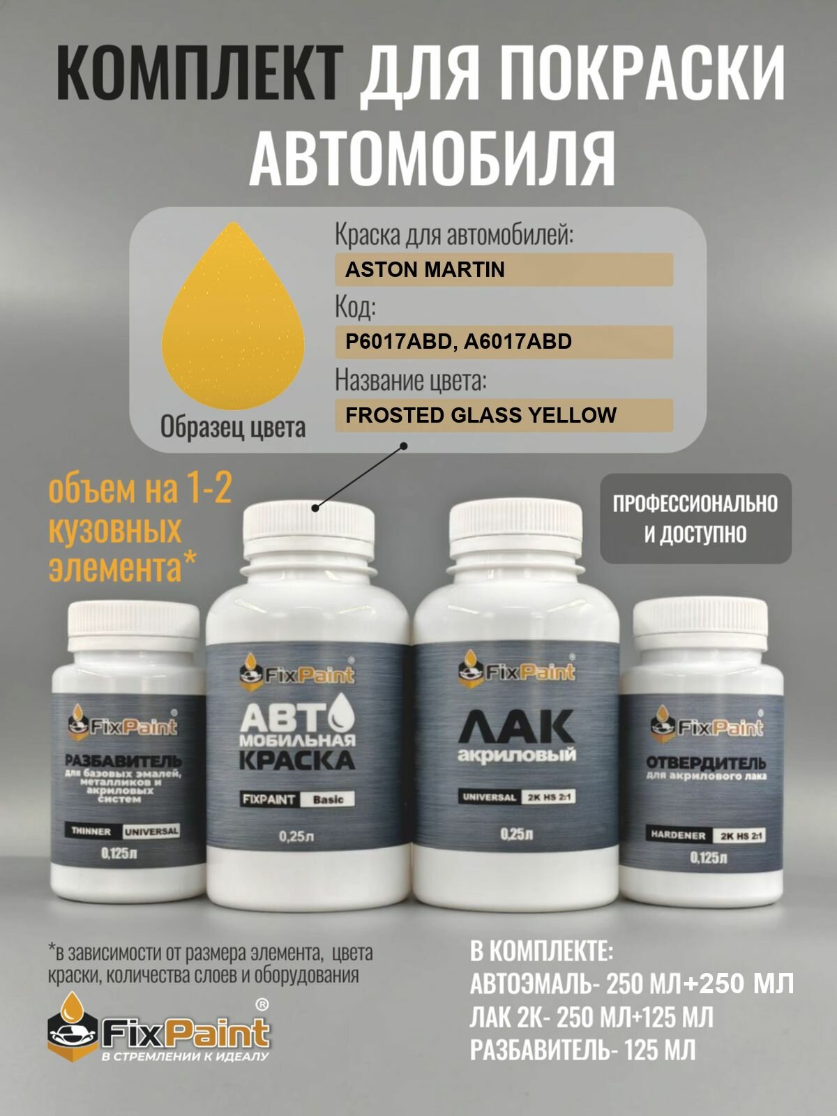 Комплект для покраски ASTON MARTIN, код P6017ABD, A6017ABD, Трехслойная FROSTED GLASS YELLOW, базовая автомобильная краска 500 мл, лак 2K 250 мл с отвердителем, разбавитель 125 мл, FixPaint Pro