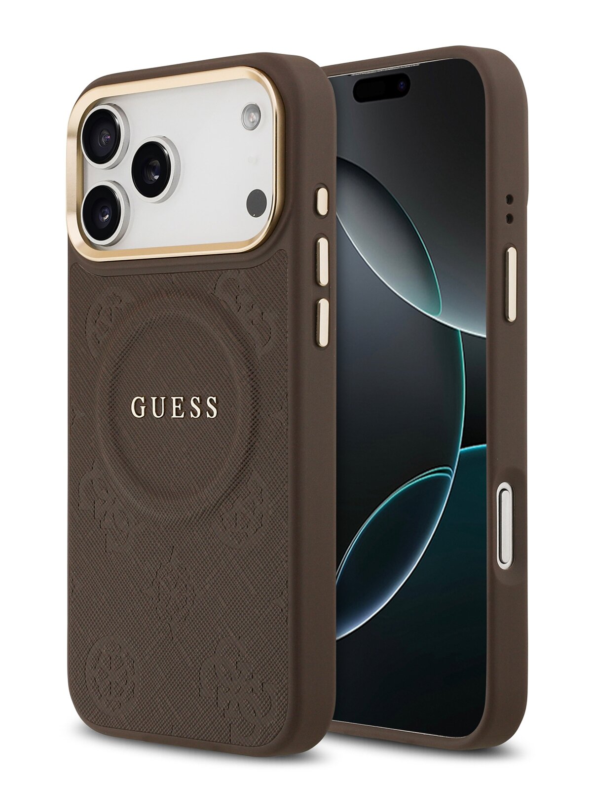 Guess чехол с MagSafe для iPhone 17 Pro Max, PU кожа Saffiano Peony, с защитой камеры, коричневый
