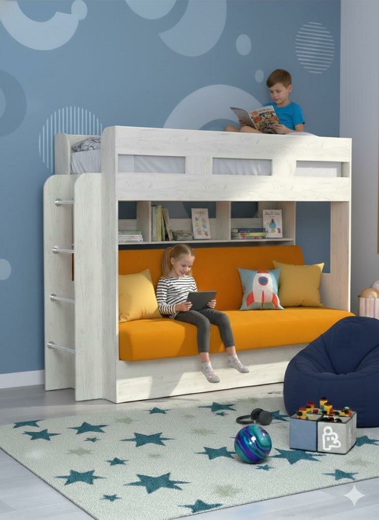 Двухъярусная кровать Fortuna_Kids "Дива", с диваном и бортиком на втором ярусе, ЛДСП 16мм