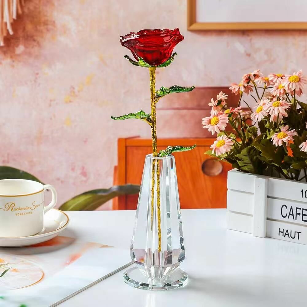 Хрустальная роза из красного стекла для интерьера, стильный подарок на День матери, юбилей и коллекционеров