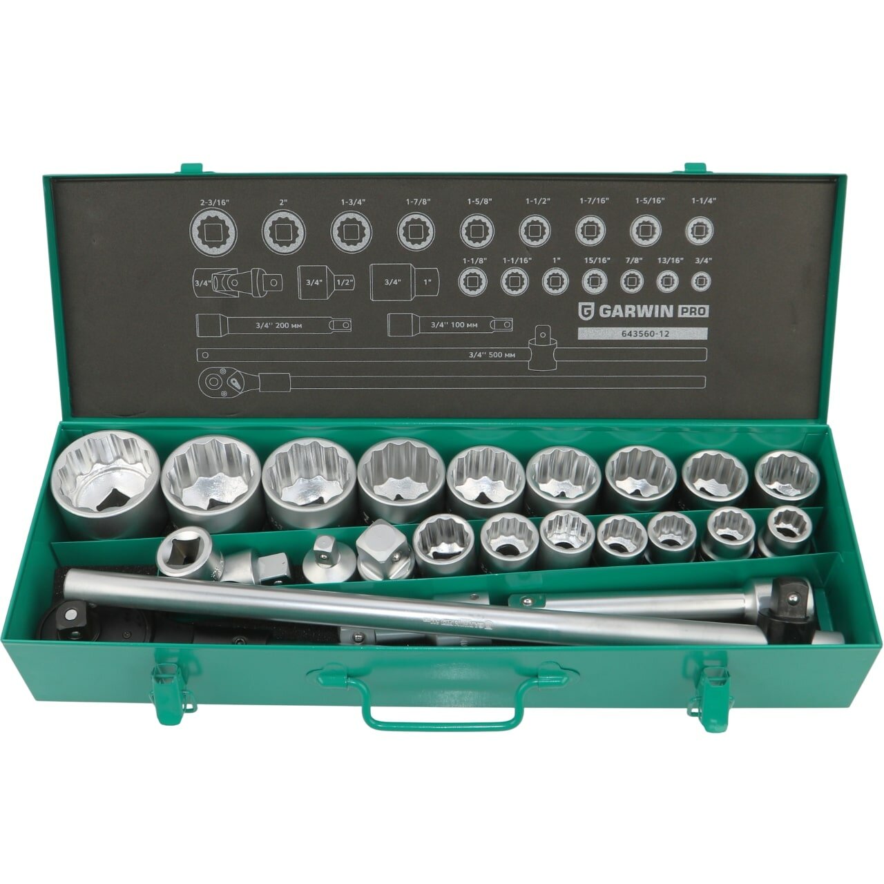 GARWIN PRO 643560-12 Набор торцевых головок дюймовых 3/4" 12 гр, 3/4"- 2", 23 пр.