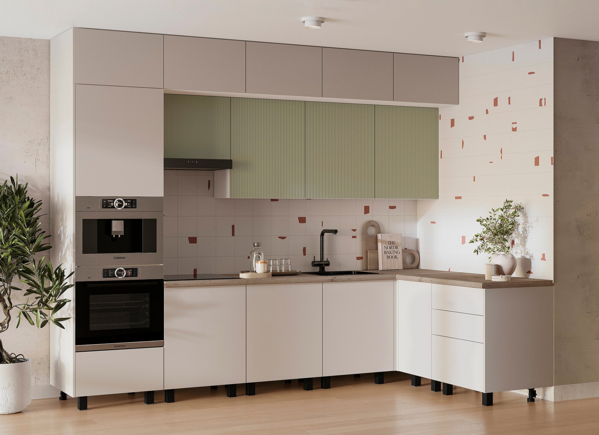 Угловая кухня со столешницей 3000х1670 мм, ЛДСП Белый/Кашемир/МДФ Эвкалипт софт