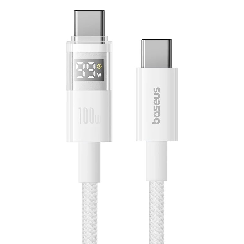 Кабель Baseus USB C 100 Вт для iPhone 17 16 15 Pro Max со светодиодным дисплеем USB-кабель типа C для Macbook pro, провод для быстрой зарядки для Xiaomi 1 м, White