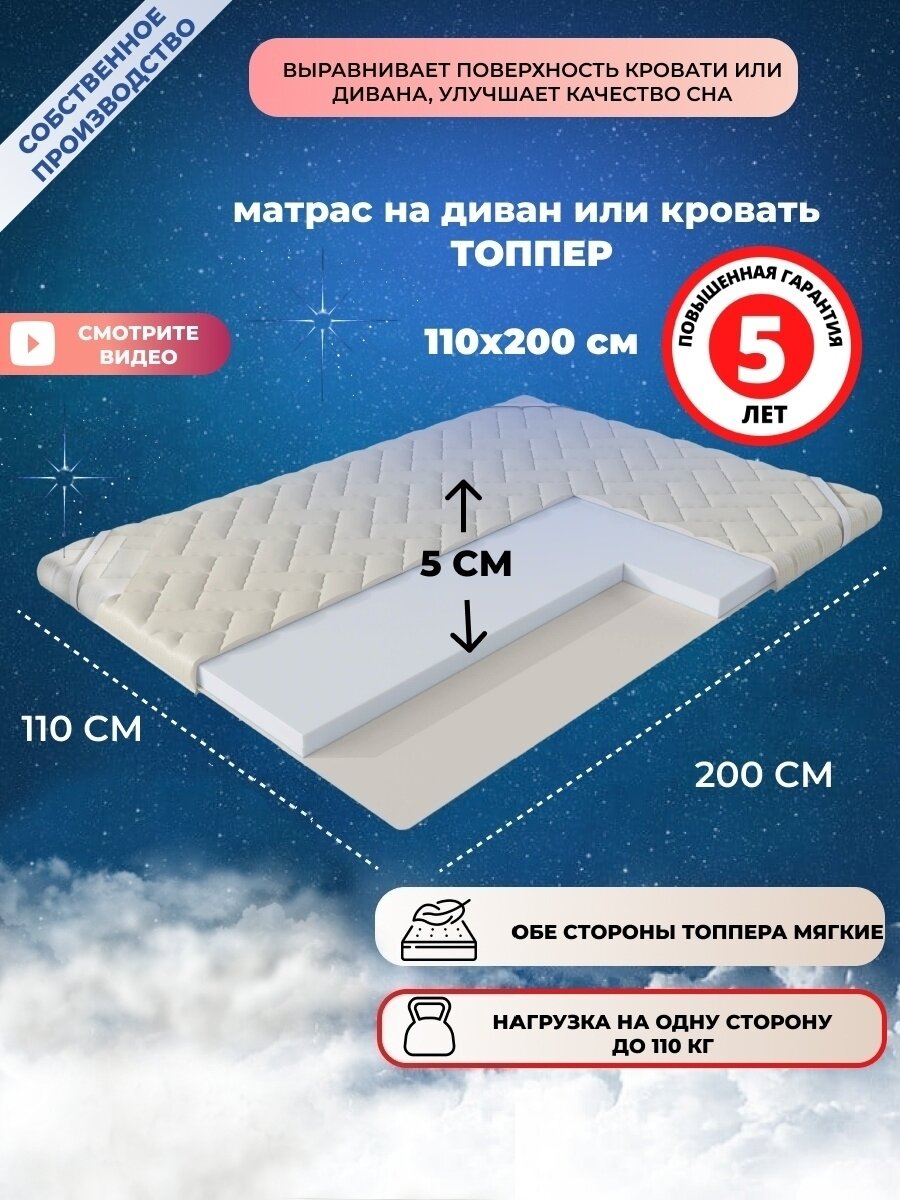 Матрас 110х200 см, ОптиМа, Беспружинный, высота 5 см, Съемный чехол, Плед в подарок