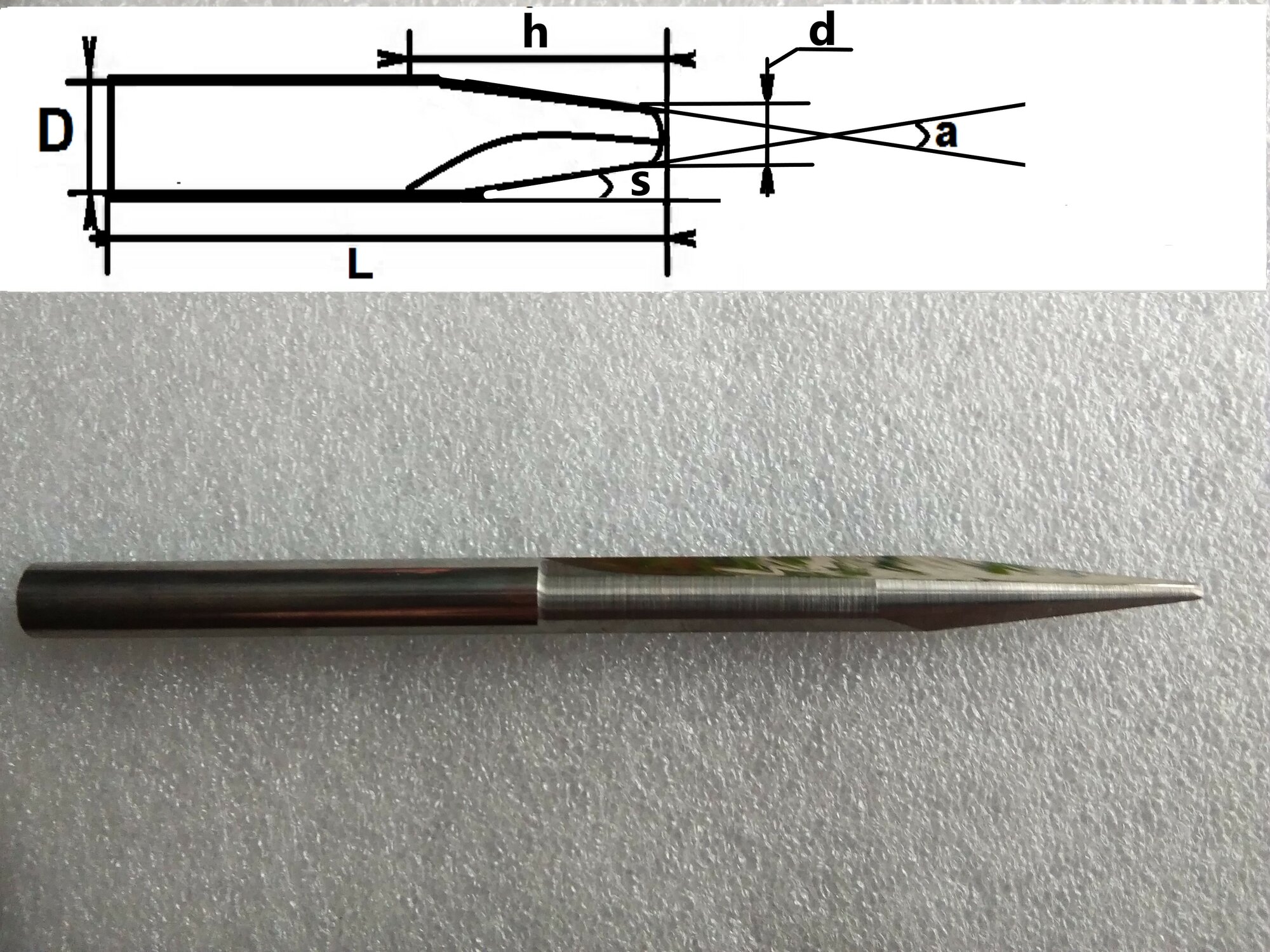 Фреза конусная прямая двухзаходная сферическая для (3D) ZQ8122: R-1.0 / d-2/ h-60/ S-6/ a-12/ D-8/ L-120. X series