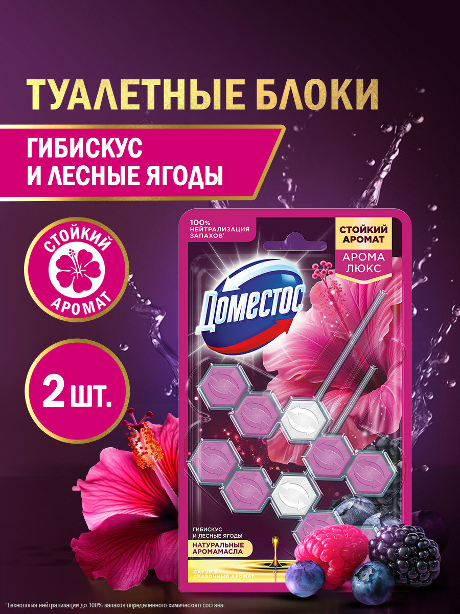Туалетные блоки очищающие Доместос, арома люкс, гибискус и лесные ягоды, блокировка неприятного запаха, 2 шт по 50 г.