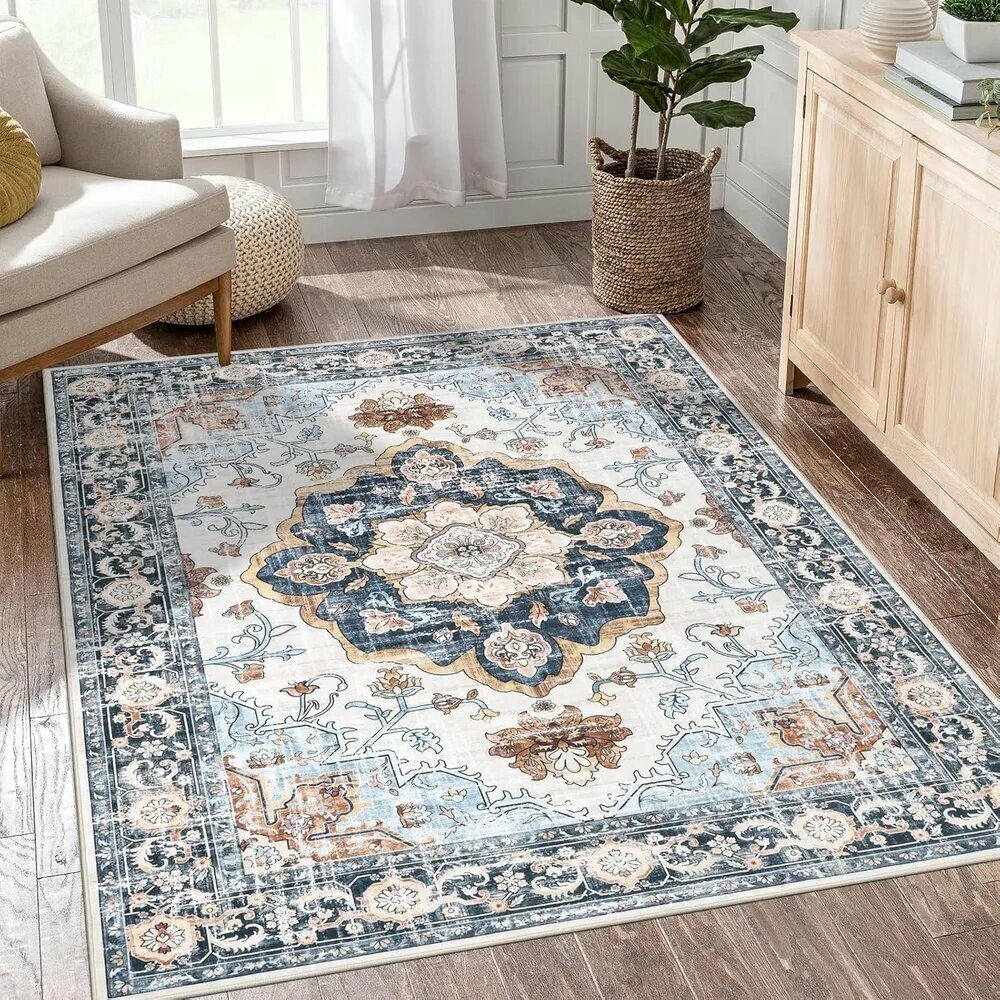 DISTAN Ковер Имитация кашемира, богемский ковер, моющийся и нескользящий, высота флиса 7 мм, винтажный цветочный принт, подходит для гостиной, спальни, столовой 120x80 см