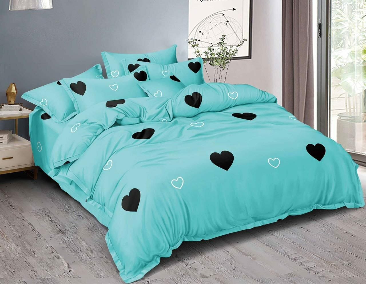 Комплект Постельного Белья Евро Бирюзовый Сердечки / Евро / Простыня 220x240 / Пододеяльник 200x200 / Наволочки 70x70-2