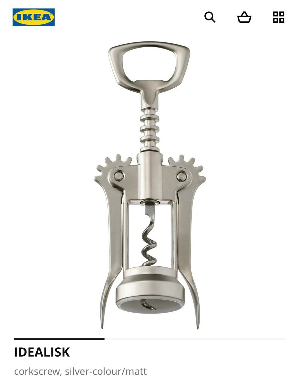 Штопор IKEA IDEALISK, двухрычажный, серебристый, цинк/никель